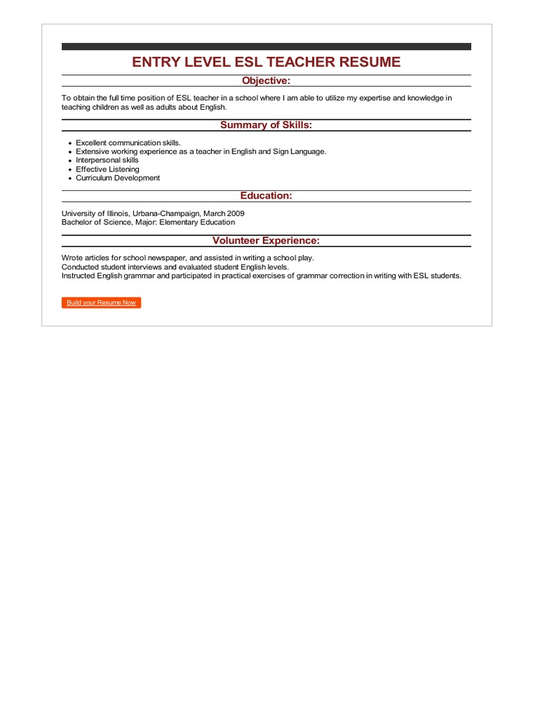Entry Level ESL Teacher Resume | PDF