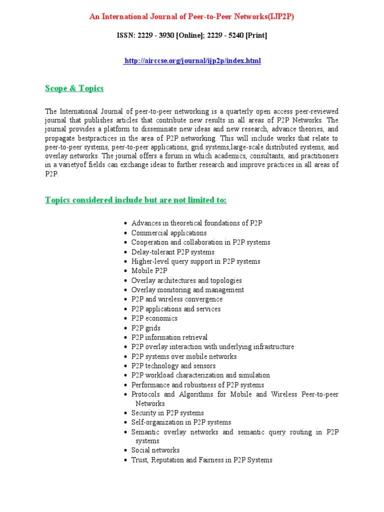 An International Journal of Peer-to-Peer Networks (IJP2P) | PDF | Peer To Peer | Academic Journal