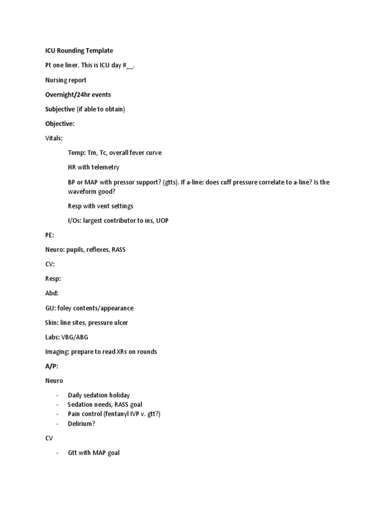 ICU Rounding Template - v. Website | PDF