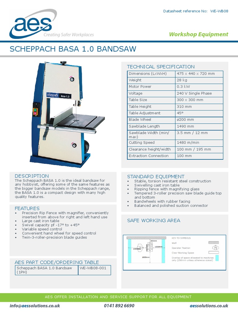 Scheppach Basa 1.0 Bandsaw: Workshop Equipment | PDF | Equipment ...