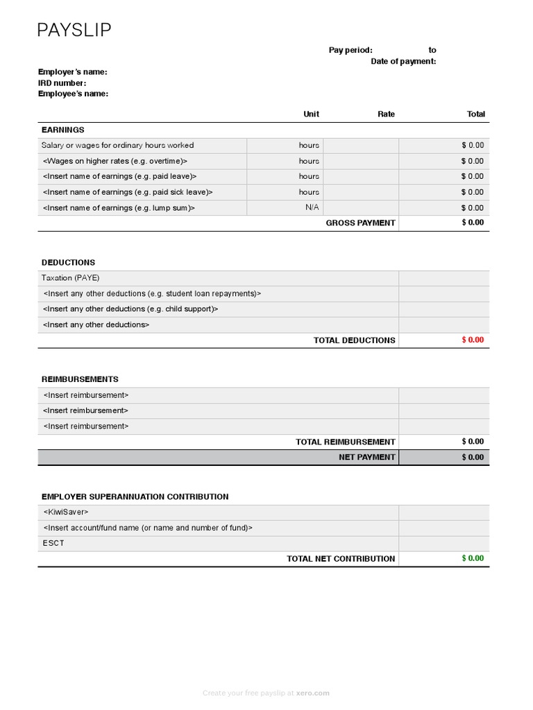 Xero Payslip Template NZ | PDF