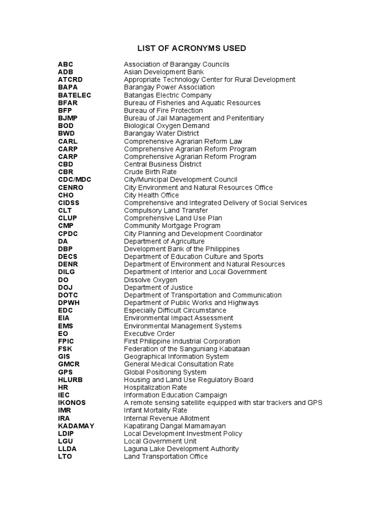 List of Acronyms Used | PDF | Government | Business