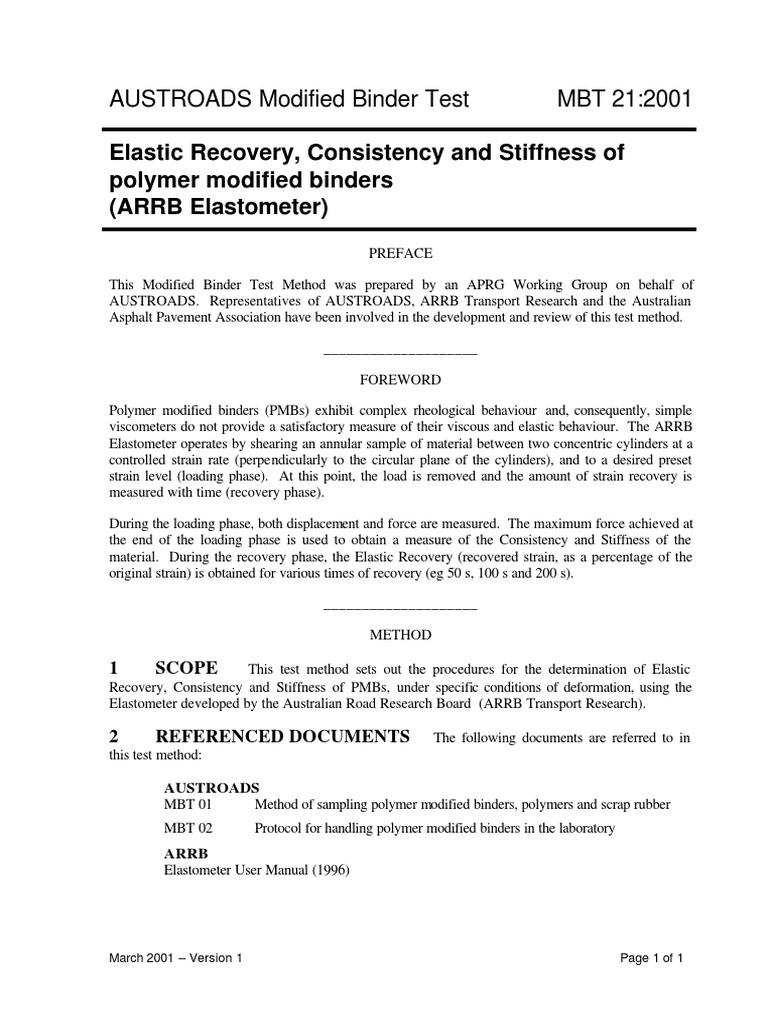 Elastic Recovery, Consistency and Stiffness of Polymer Modified Binders (ARRB Elastometer) | PDF ...