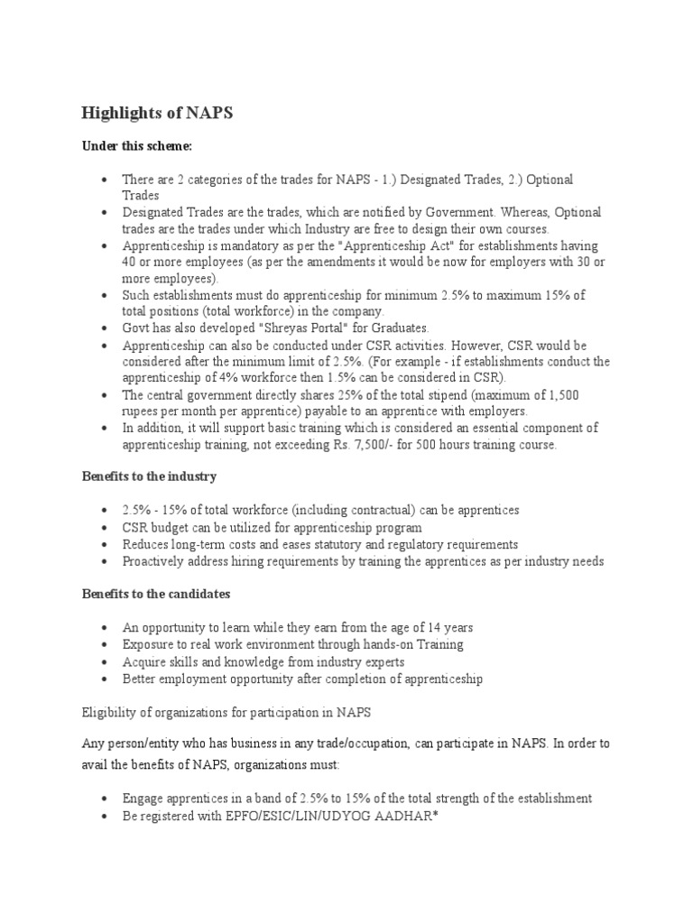 Overview of India's National Apprenticeship Promotion Scheme (NAPS ...