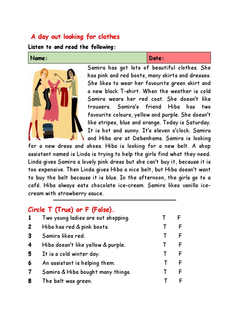 A Day Out Looking For Clothes Reading Comprehension Exercises - 110361 ...