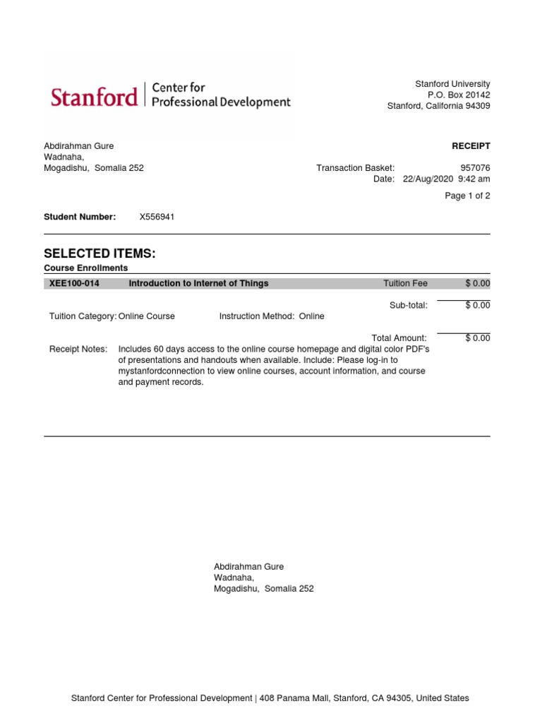 Stanford Online Course Receipt | PDF | Receipt | Internet