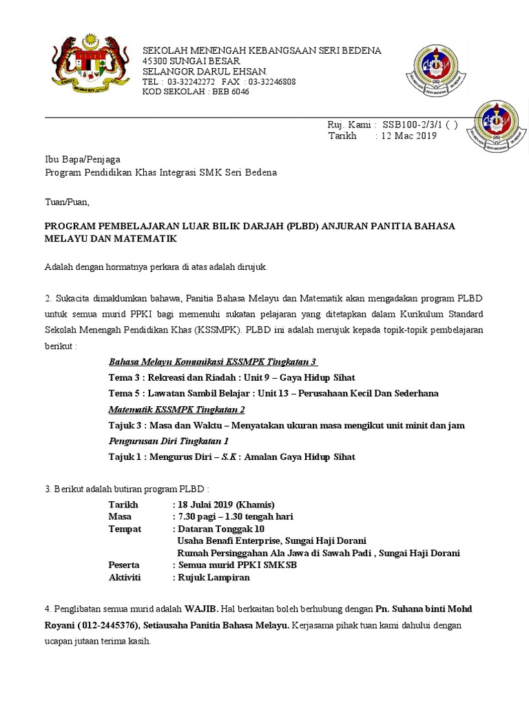 SURAT HARI TERBUKA SEKOLAH - Copy.doc | PDF