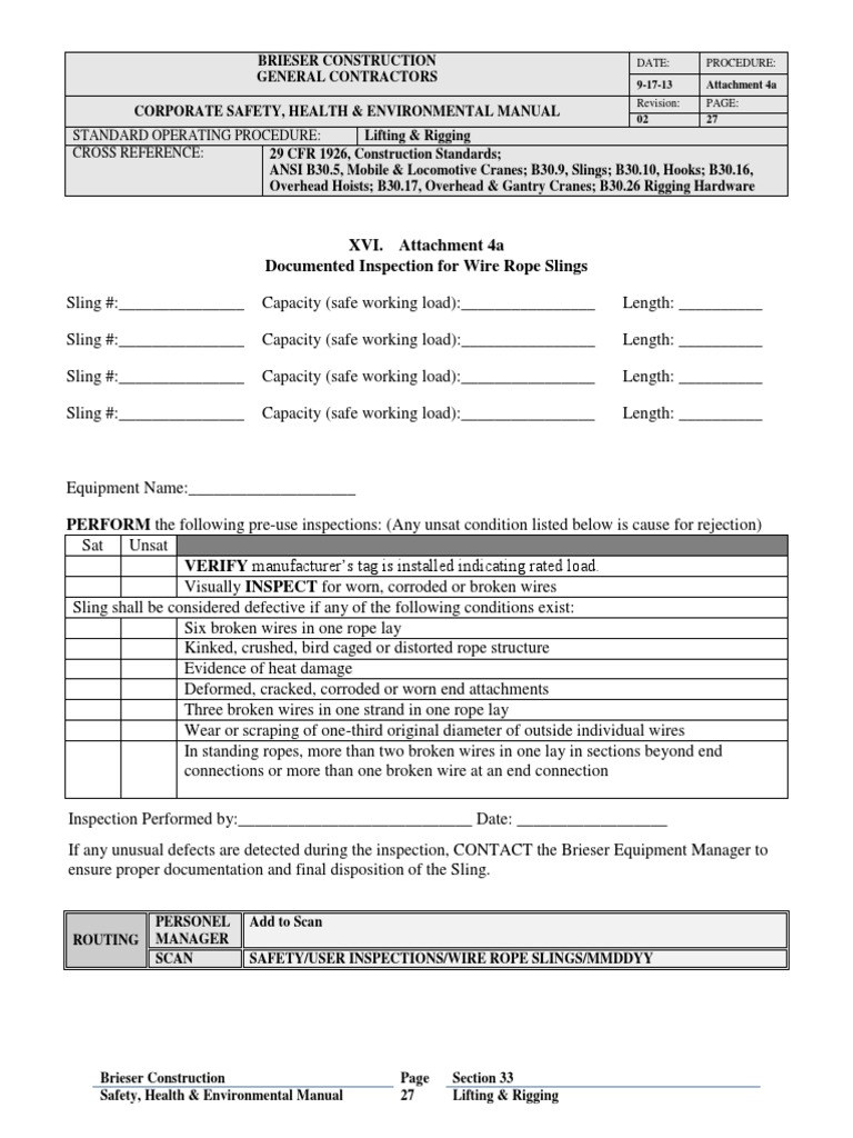 XVI. Attachment 4a Documented Inspection For Wire Rope Slings | PDF ...