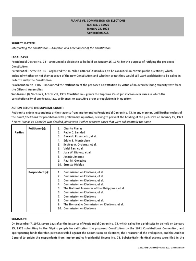 (A11) LAW 121 - Planas vs. Comelec (GR No. L-35925) | PDF ...