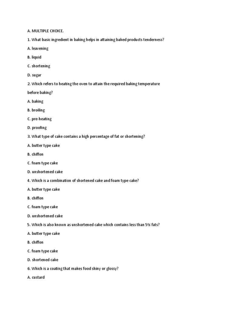Multiple Choice Questions and Matching Exercises on Baking Ingredients ...