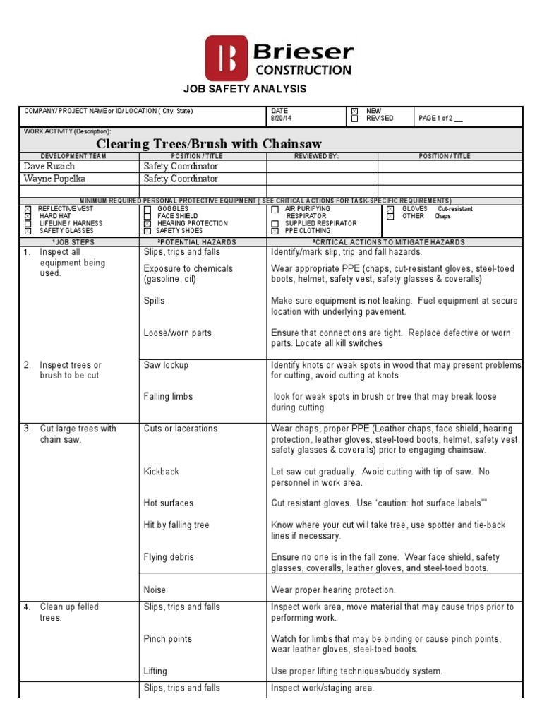 JSA - Clearing Brush Chain Saw | PDF | Personal Protective Equipment | Prevention