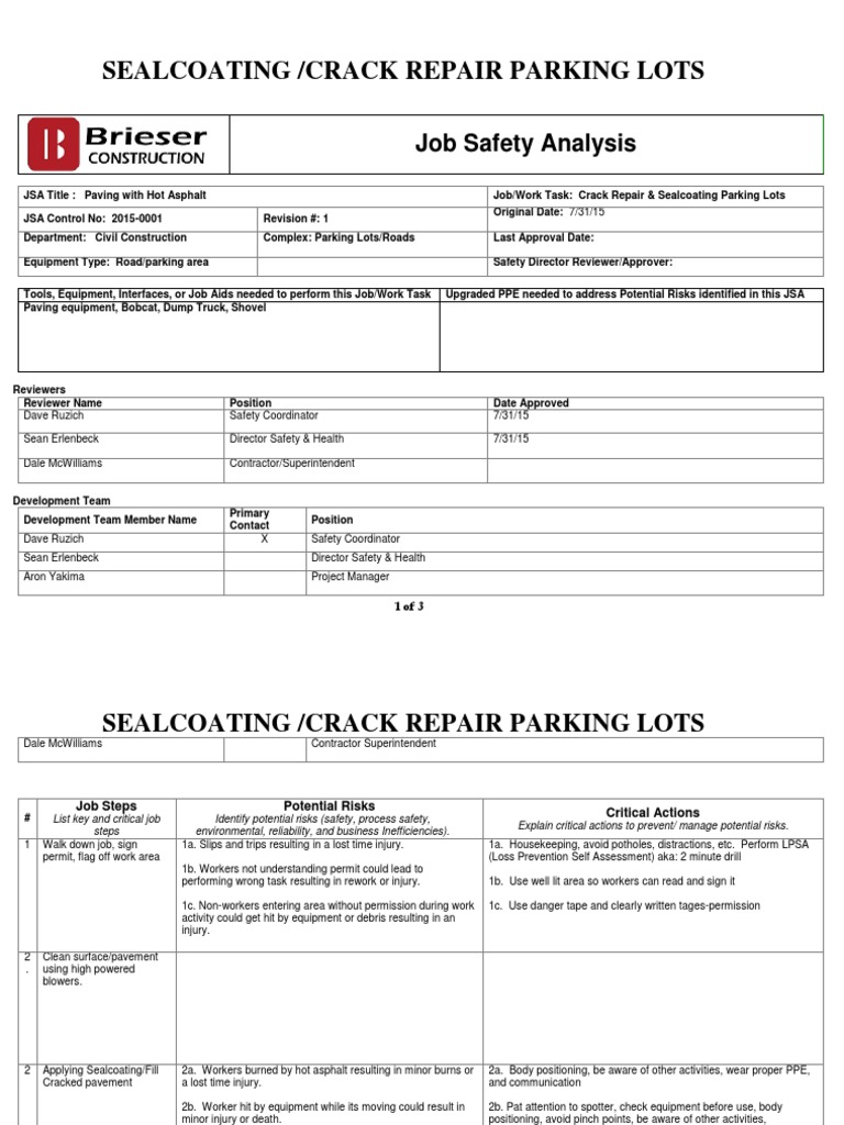 Sealcoating Job Safety Analysis | PDF | Personal Protective Equipment ...