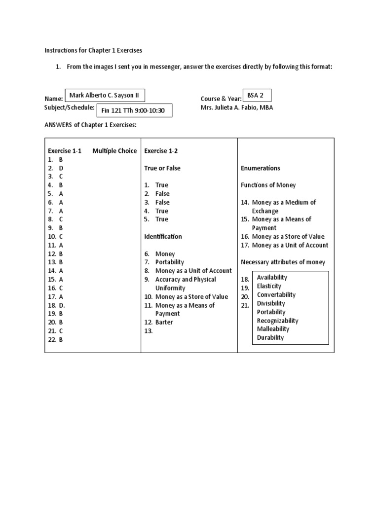 Chapter 1 Exercise Answers Guide | PDF