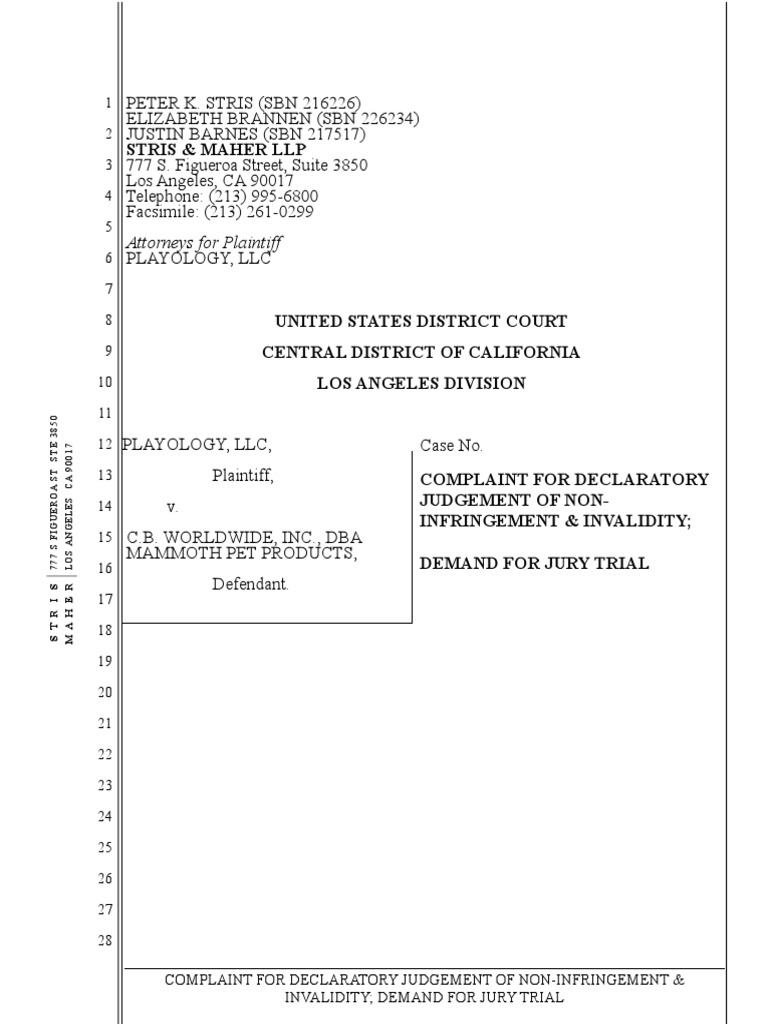 Playology v. C.B. Worldwide - Complaint | PDF | Declaratory Judgment | Doctrine Of Equivalents