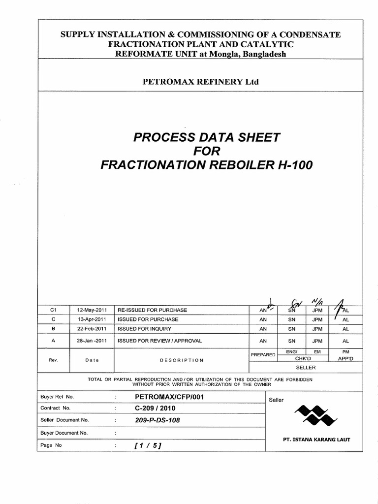 209-P-DS-108 Rev C1 Process Data Sheet For Fractionation Reboiler H-100 ...