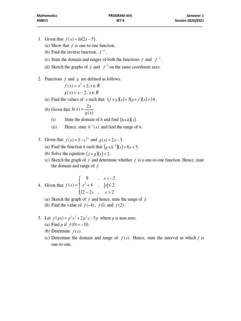 Mathematics Program Afa Semester 1 AM015 Set 6 Session 2020/2021 | PDF | Function (Mathematics ...