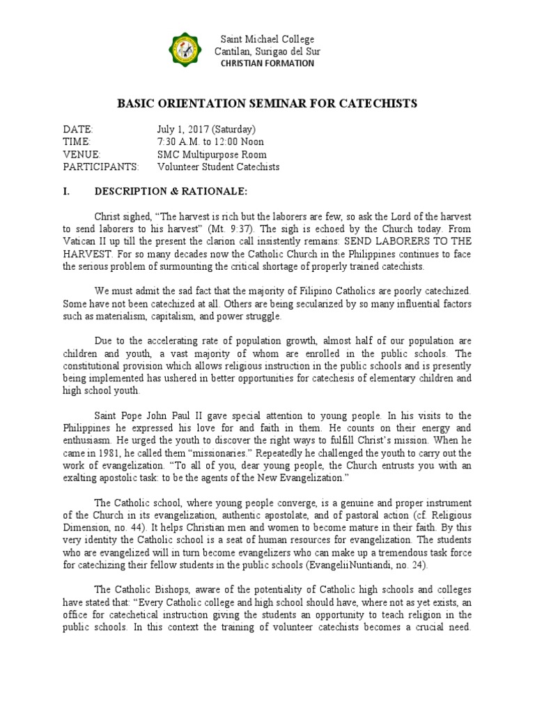 BASIC ORIENTATION SEMINAR FOR CATECHISTS Program Design | PDF ...