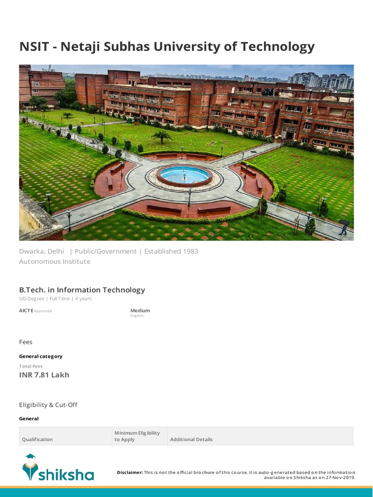 NSIT - Netaji Subhas University of Technology: B.Tech. in Information Technology | PDF ...