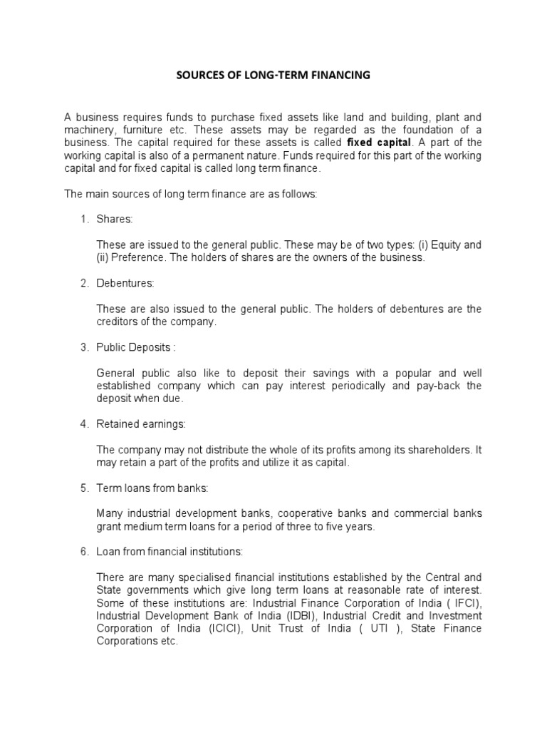 Major Sources of Long-Term Financing for Business Fixed Assets and ...