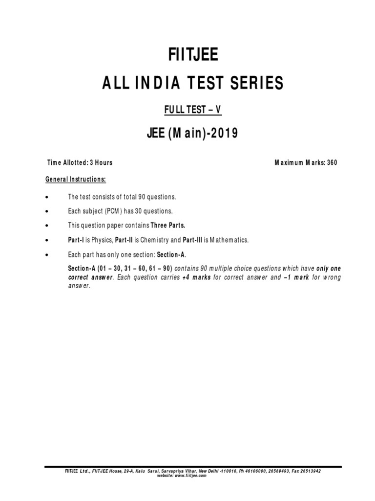 Fiitjee All India Test Series: JEE (Main) - 2019 | PDF