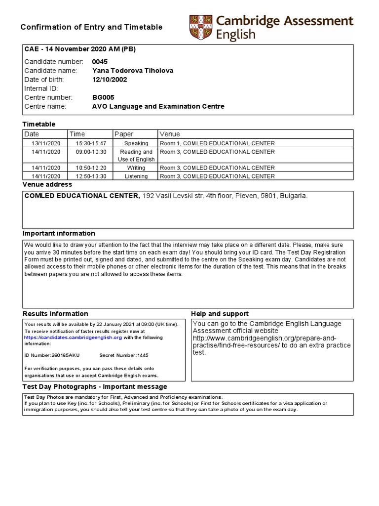 Confirmation of Entry and Timetable | PDF | Test (Assessment) | Test ...
