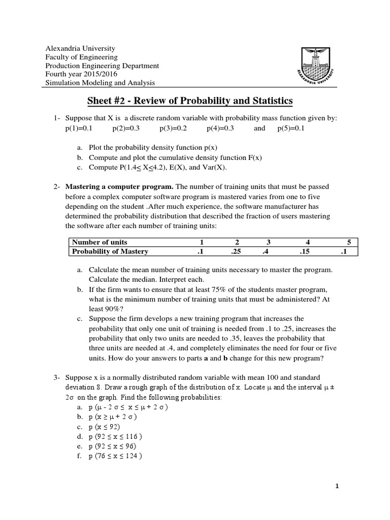Sheet 2-Simulation Probability Statistics | PDF | Probability ...