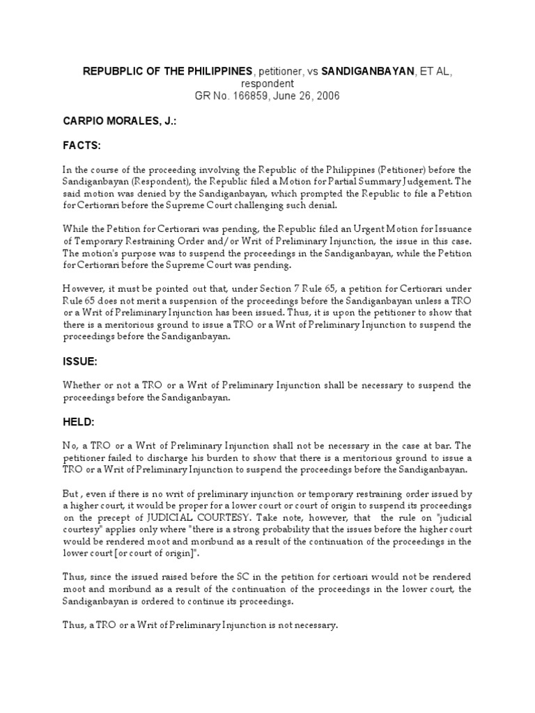 Republic Vs Sandiganbayan Case Digest | PDF | Certiorari | Injunction