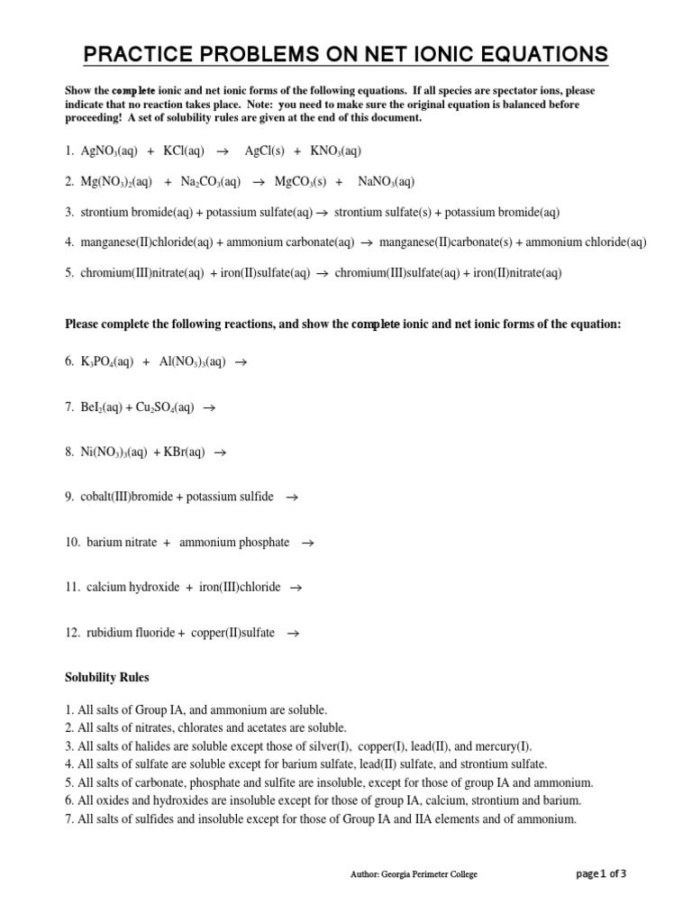 Net Ionic Equations Practice Problems | PDF | Salt (Chemistry) | Solubility