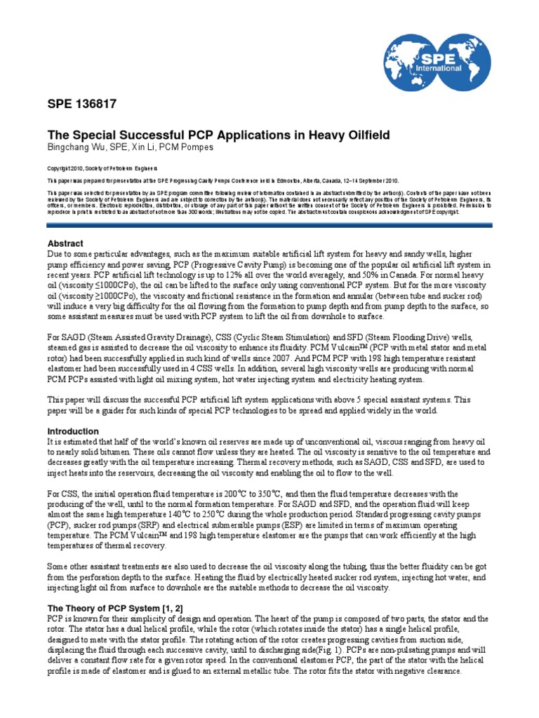 SPE 136817 The Special Successful PCP Applications in Heavy Oilfield ...