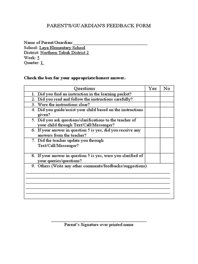 Parent'S/Guardian'S Feedback Form: Check The Box For Your Appropriate ...