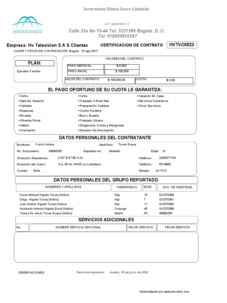 Certificado Contrato Funerario Familia | PDF | Business
