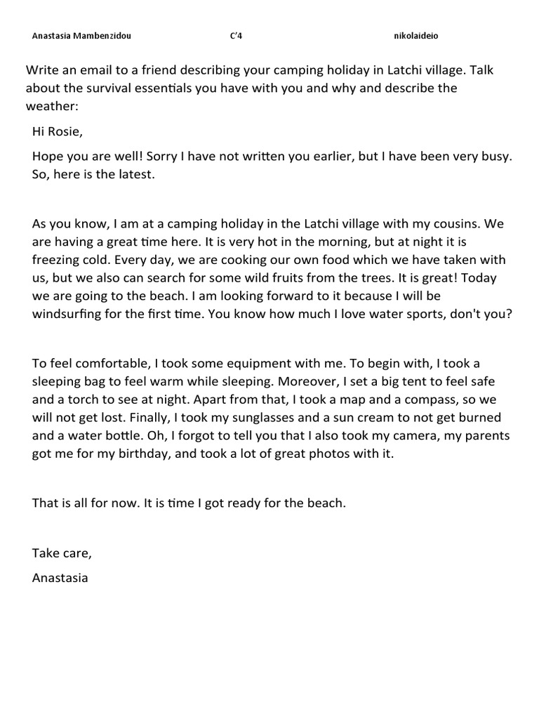 Write An Email To A Friend Describing Your Camping Holiday in Latchi ...