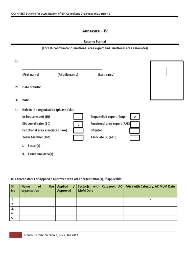Annexure IV - Resume Format | PDF | Environmental Impact Assessment ...