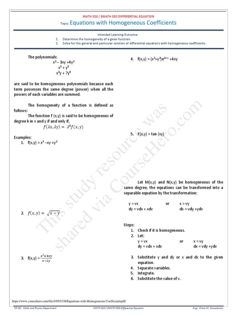 This Study Resource Was: Equations With Homogeneous Coefficients | PDF ...