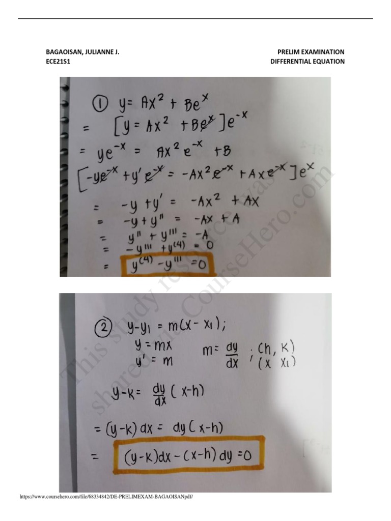 This Study Resource Was: Bagaoisan, Julianne J. Prelim Examination ECE21S1 Differential Equation ...