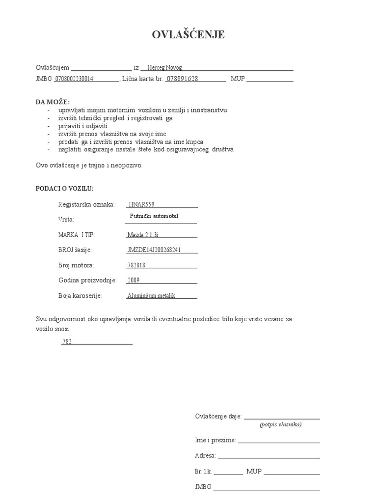 Ovlascenje Raspolaganja Tudjim Vozilom | PDF