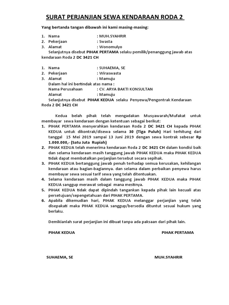 SURAT PERJANJIAN SEWA Motor - 1 | PDF