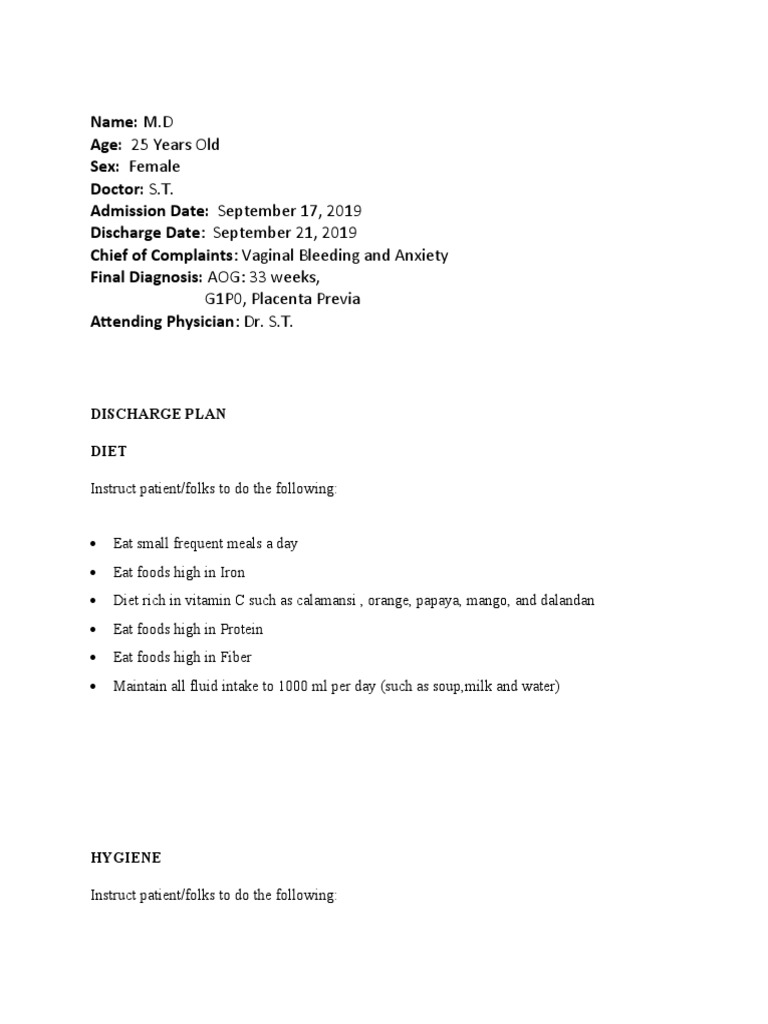 G1P0, Placenta Previa: Discharge Plan Diet | PDF | Patient | Hygiene