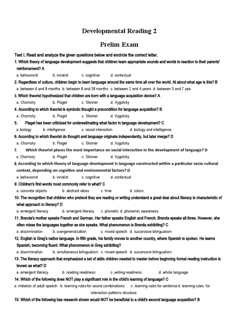 Developmental Reading 2 Prelim Exam: Test I. Read and Analyze The Given ...