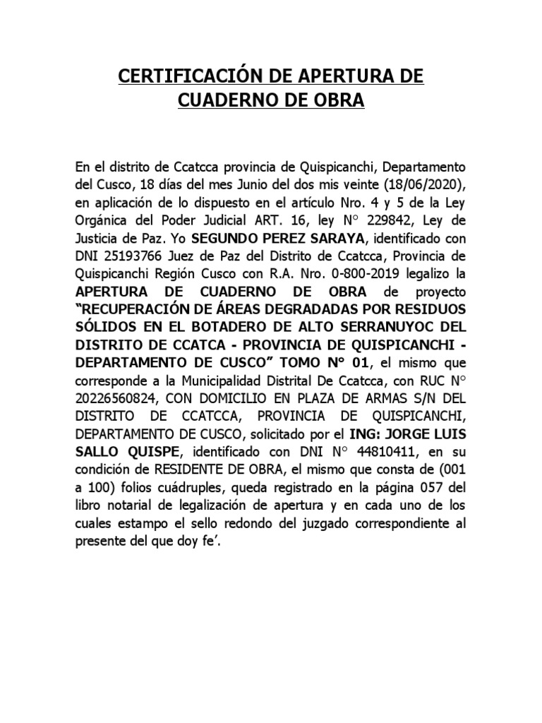Certificación de Apertura de Cuaderno de Obra | PDF