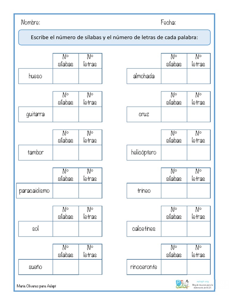 Numero de Silabas y Letras Palabra | PDF