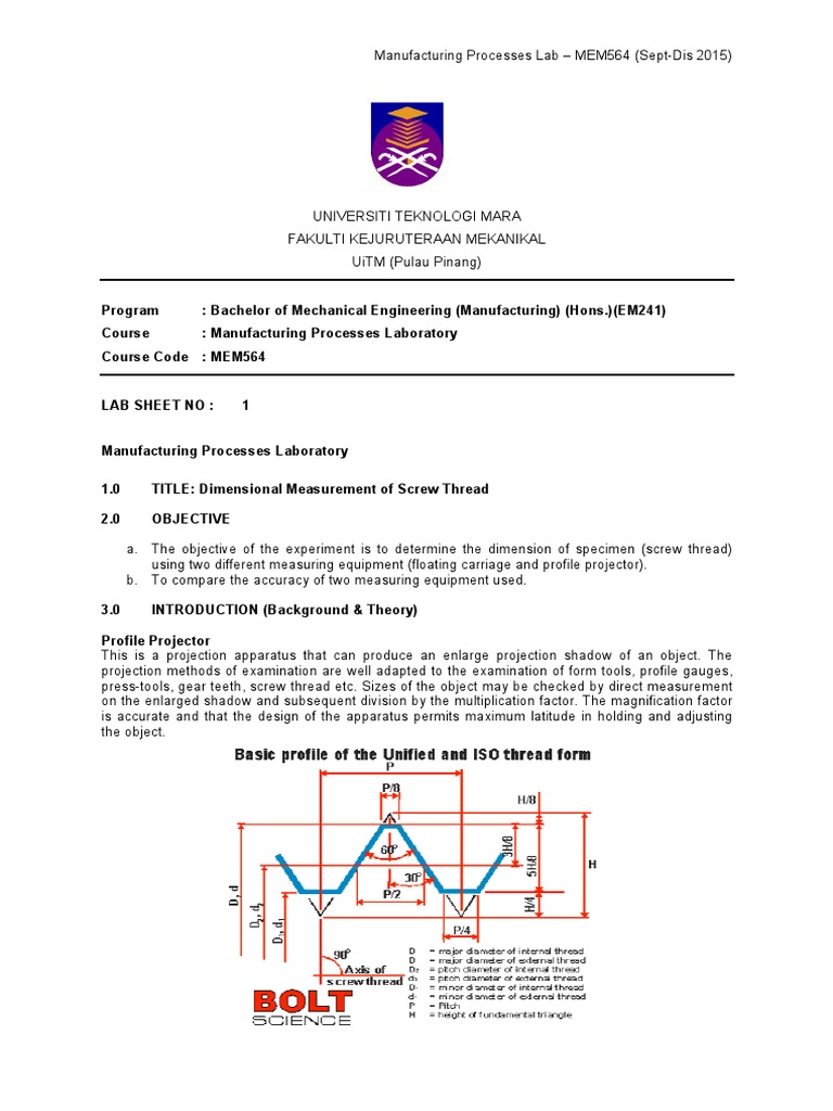 Lab 1 Metrology (Measurement of Screw Thread) (FKM PENANG) | PDF ...