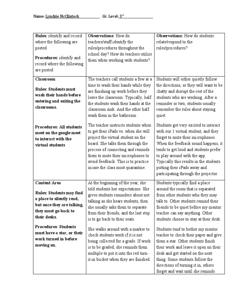 Rules Observation Tool Fall 2020 | PDF | Classroom | Teachers