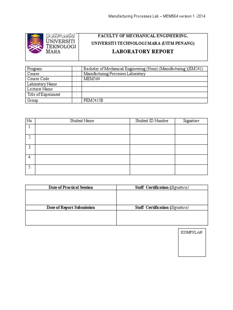 UITM Manufacturing Processes Lab Report | PDF | Experiment | Laboratories