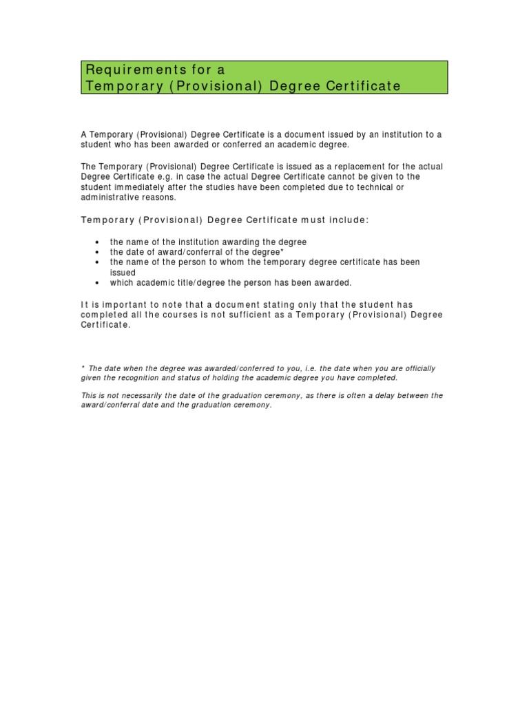 Requirements For A Temporary Degree Certificate | PDF