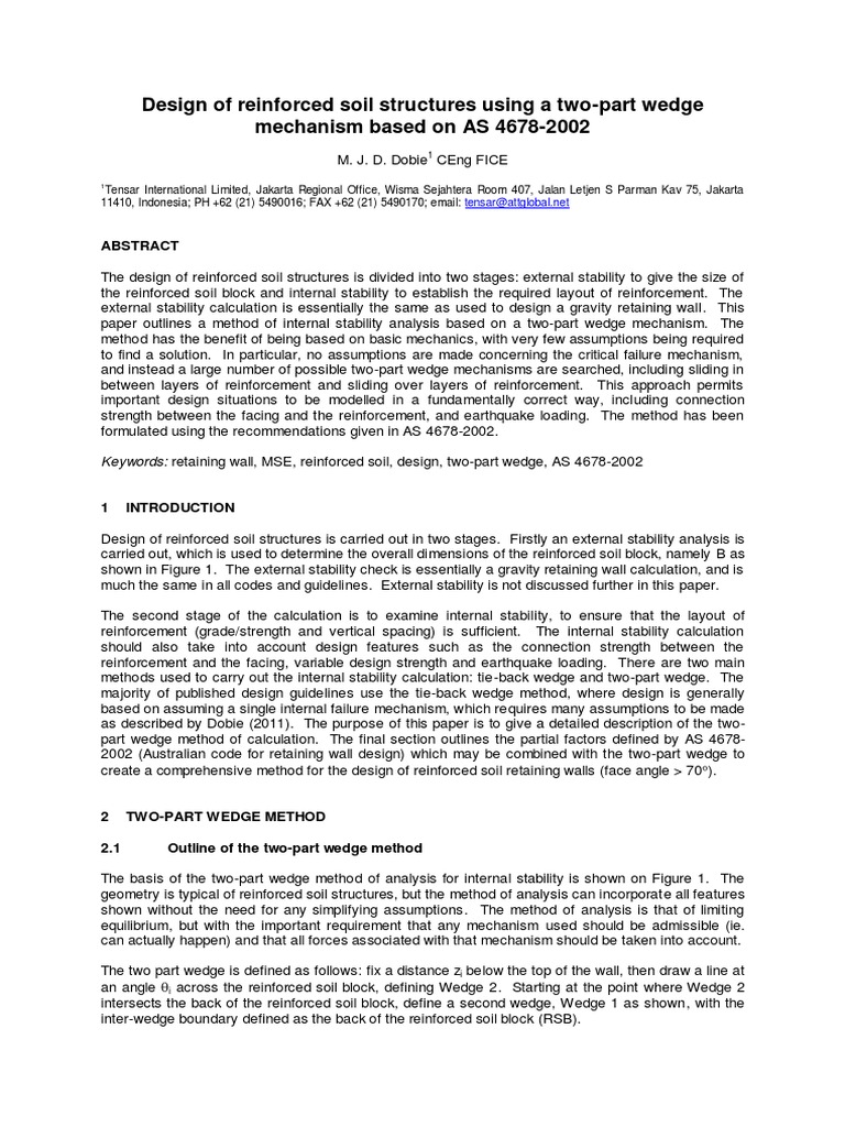 Design of Reinforced Soil Structures Using A Two-Part Wedge Mechanism Based On AS 4678 - 2002 ...