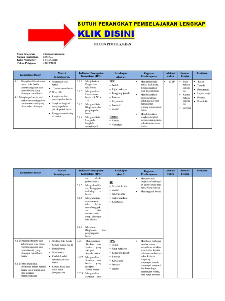 Silabus Bahasa Indonesia SMP Kelas 8 | PDF