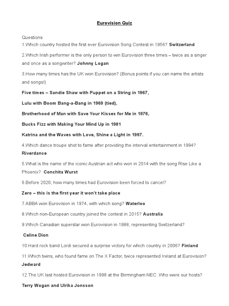 Eurovision Quiz Questions and Answers | PDF | Art