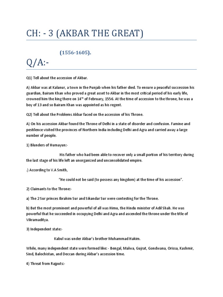 Akbar the Great: Early Life, Accession, Problems and Administrative ...