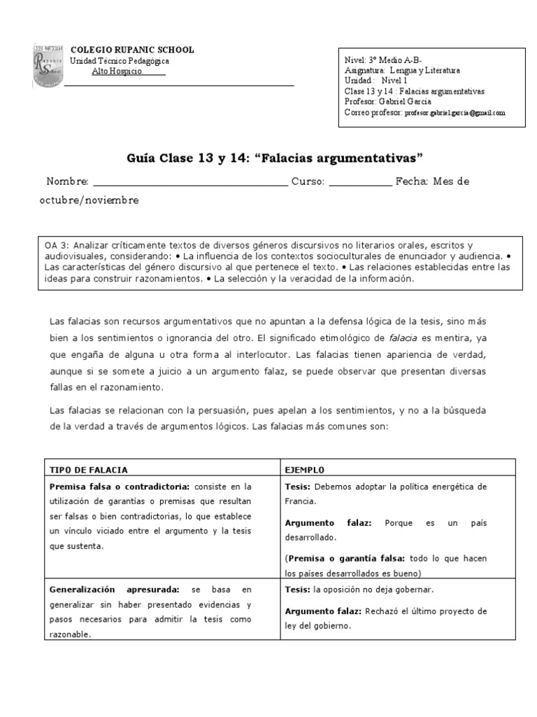 3° Medio Guía Clase 13 y 14 Falacias Argumentativas | PDF | Falacia | Argumento